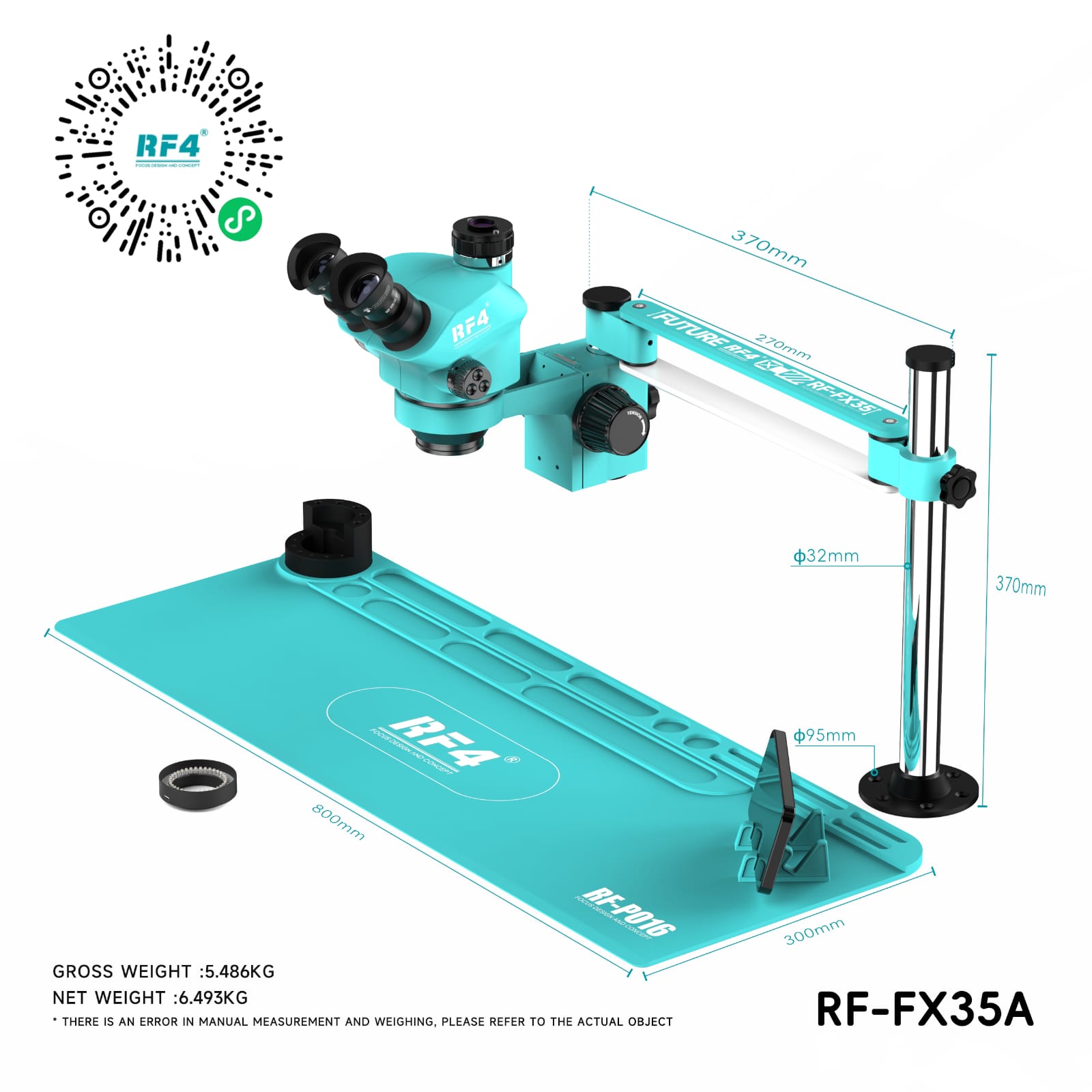 RF4 RF-FX35A 7-50X Free Swing Fixed Trinocular Microscope with RF-PO16 ...